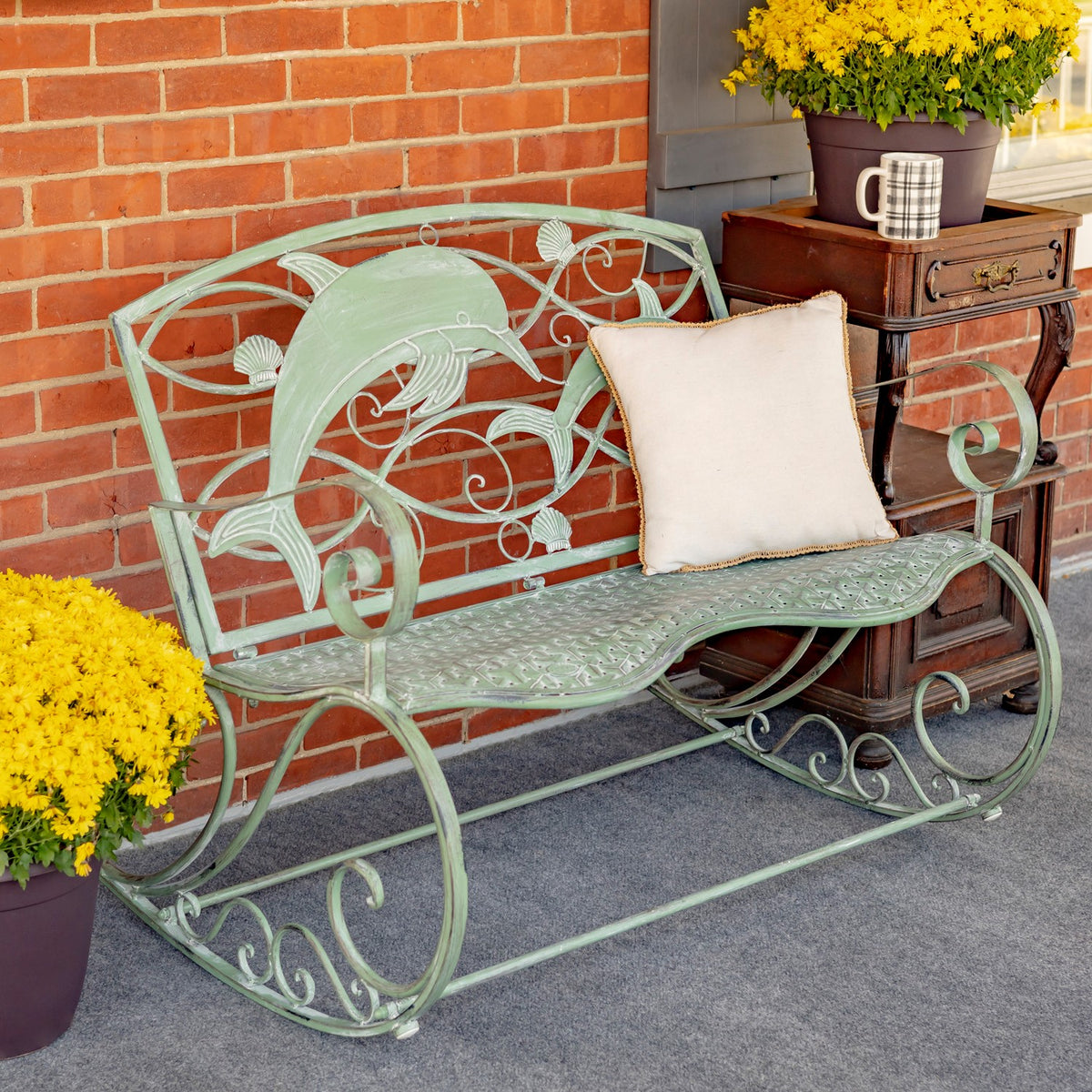 Coastal Dolphin Rocking Bench in Antique Green Garden Lovers Club