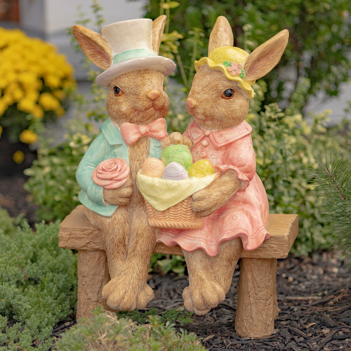 22" Tall Fancy Rabbit Couple Sitting on Bench Magnesium Garden Statue ...