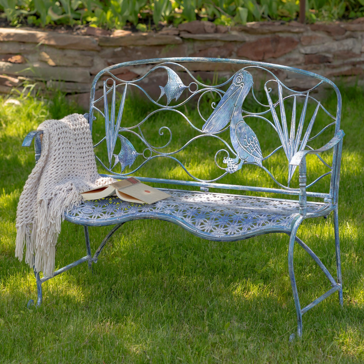 "Sarasota" Coastal Garden Bench with Pelican and Angelfish – Garden ...